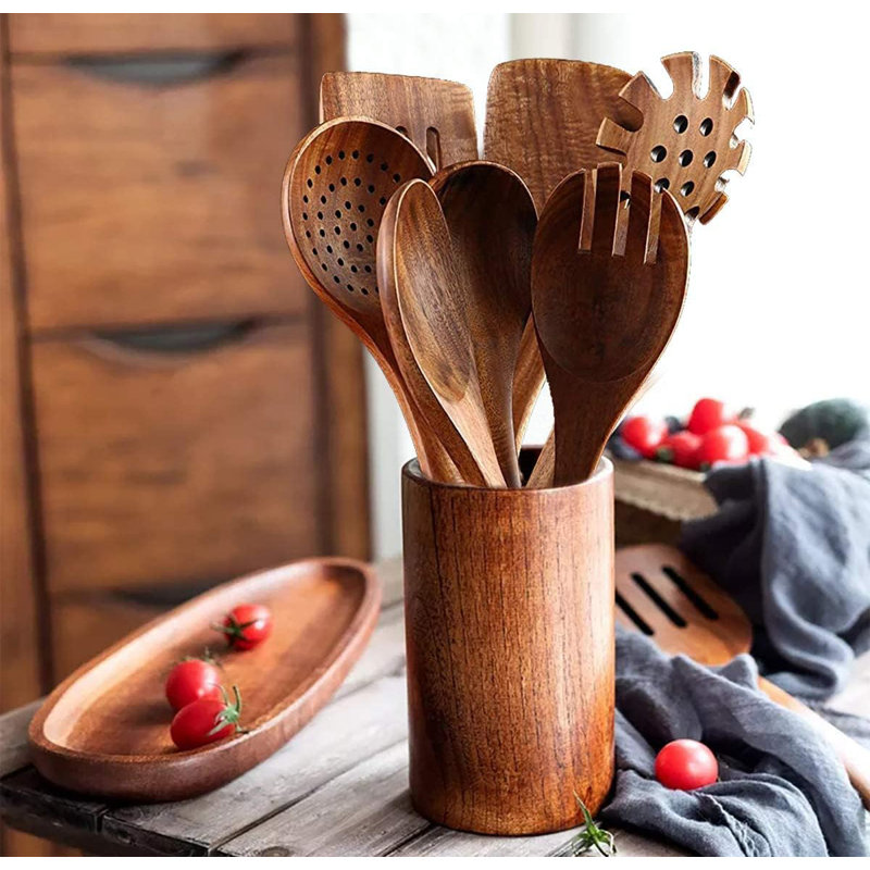11 Pack Teak Wooden Cooking Utensils Wooden Kitchen Utensils Set